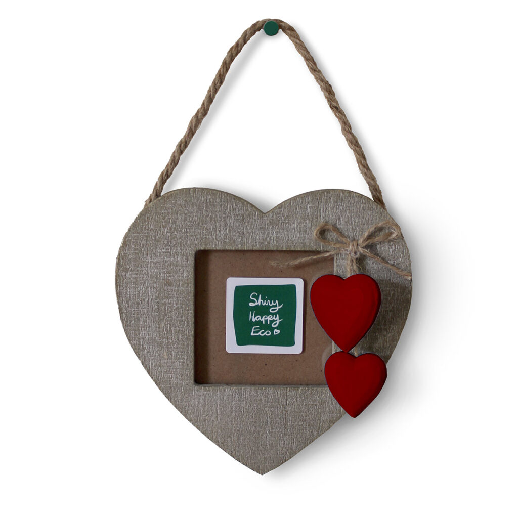 Heart Shaped Wooden Photo Frame with Red Hearts - Rope Hanging - Shiny ...